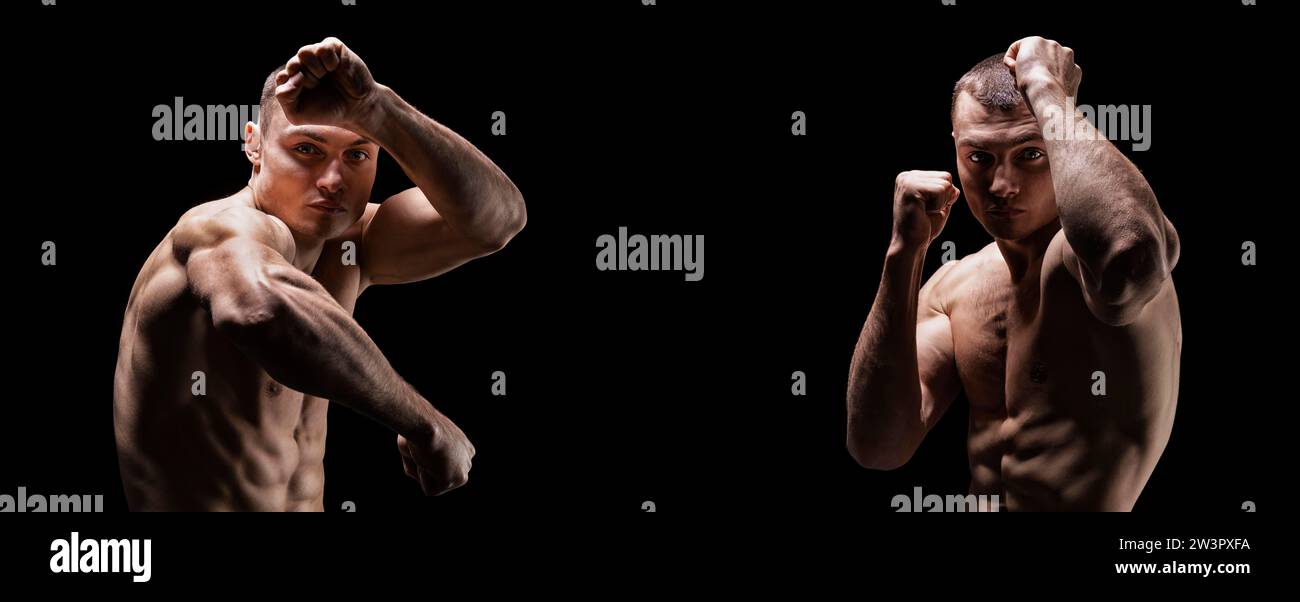 Professional boxer posing in the studio. Split two portraits. The ...