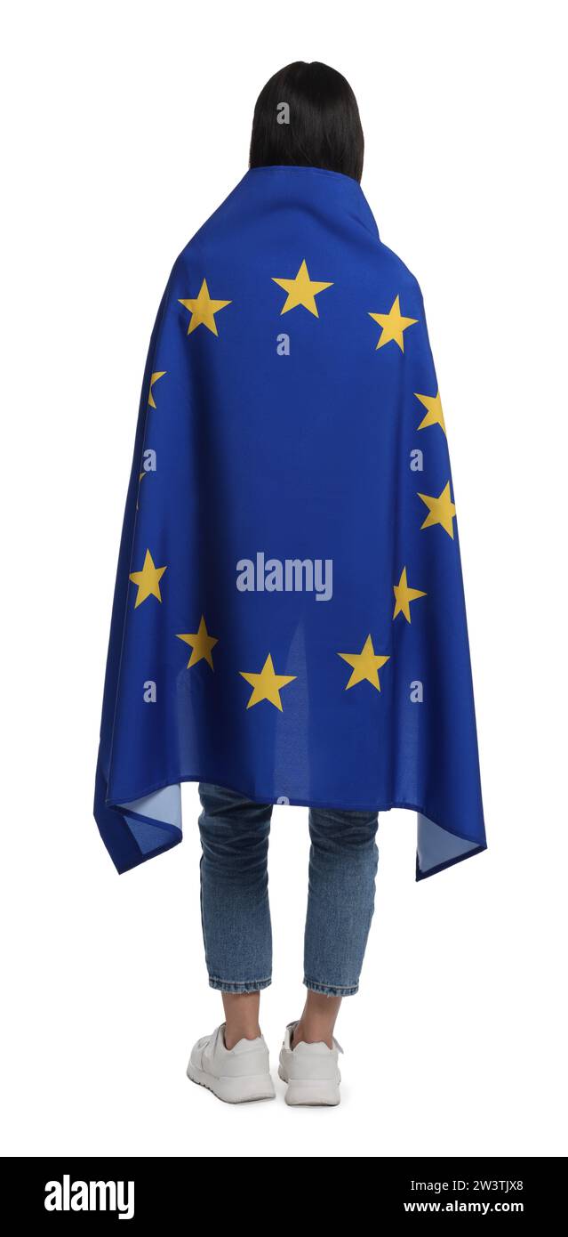 Woman holding European Union flag on white background, back view Stock ...