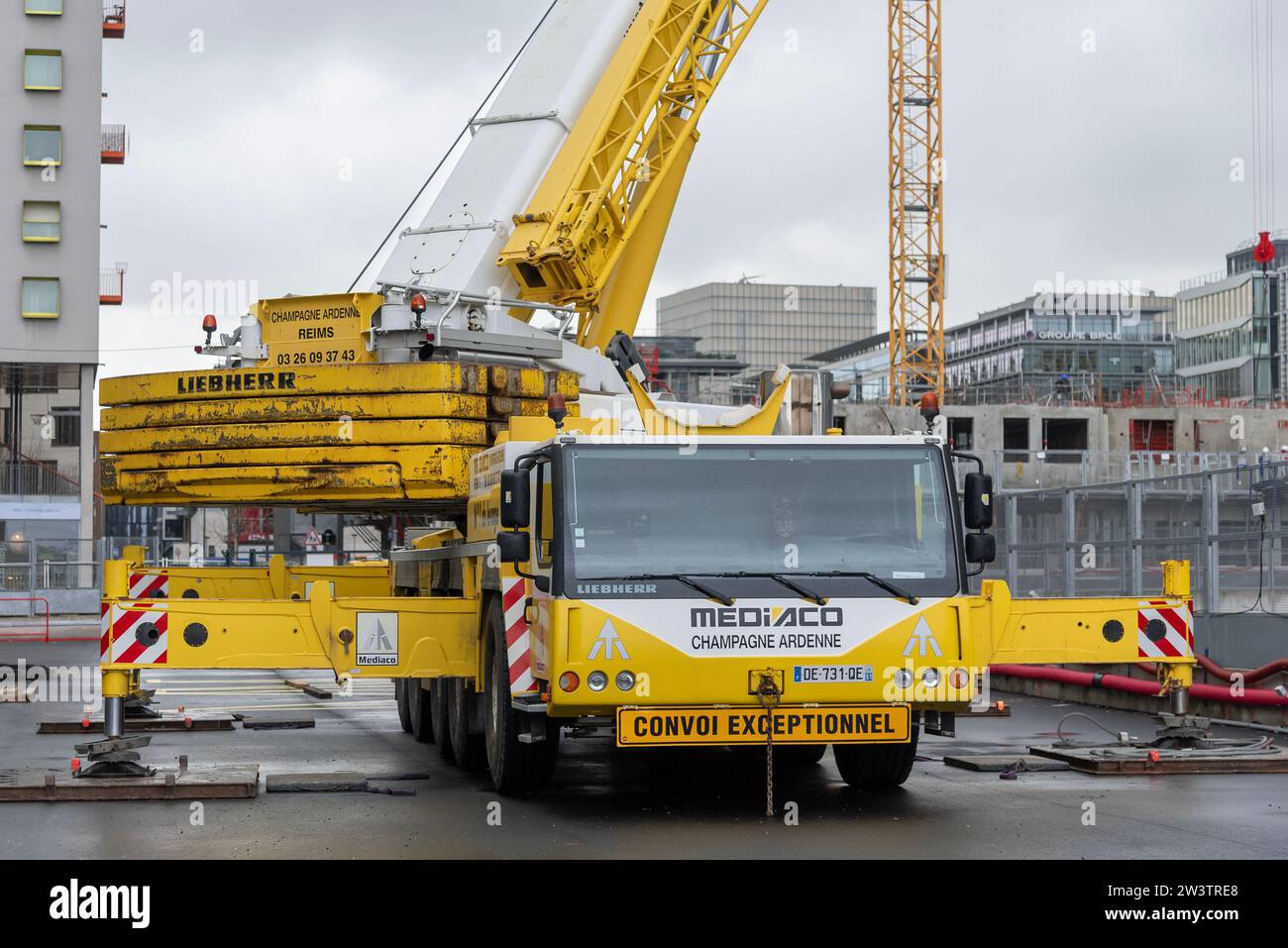 Paris, France - White and yellow mobile crane Liebherr LTM 1200-5.1 on ...