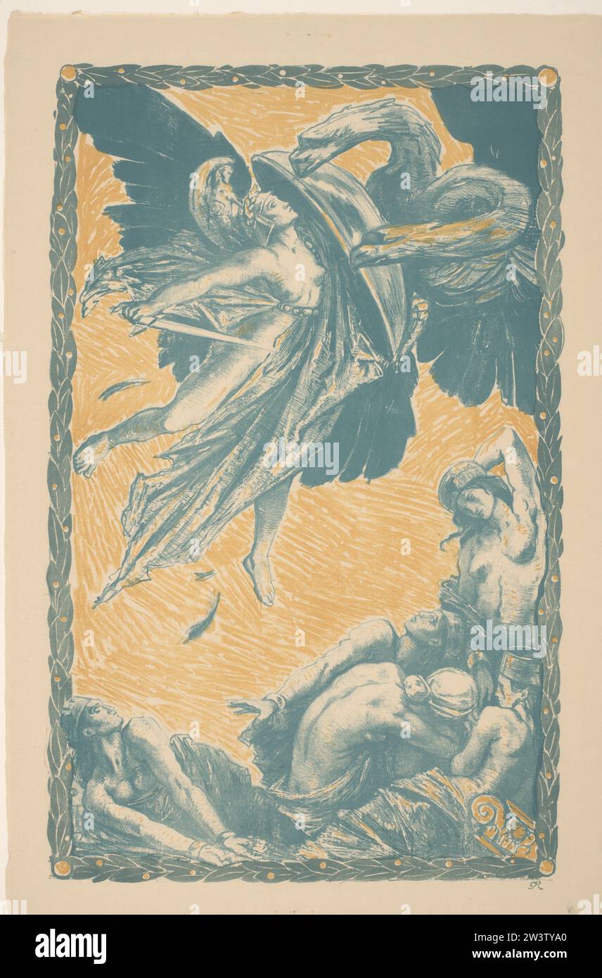 Flying warrior protects drawn people from an eagle, Charles Ricketts, c ...