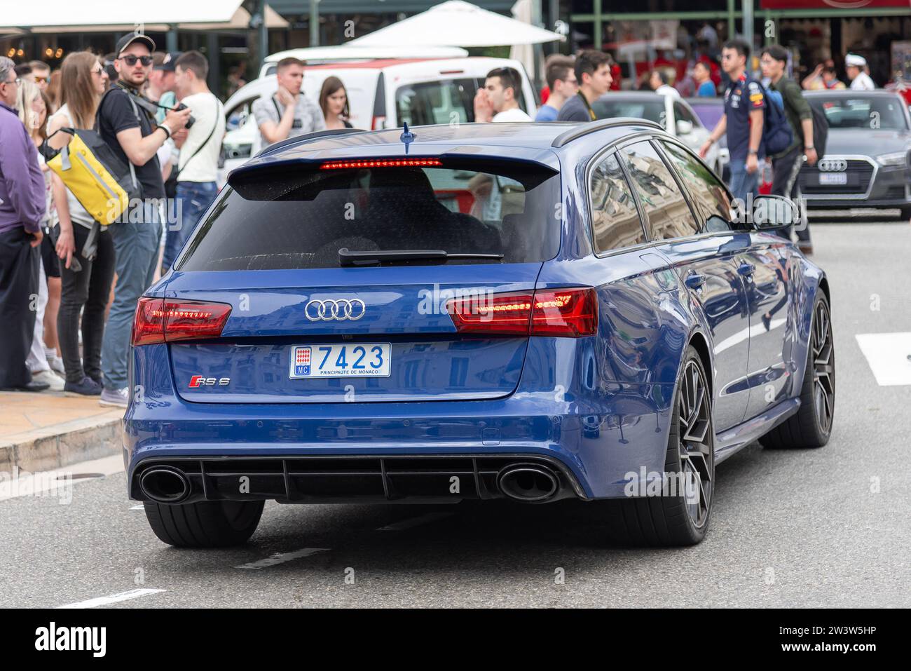 Monaco, Monaco - Blue Audi RS6 Avant C7 driving on the on Casino Square ...