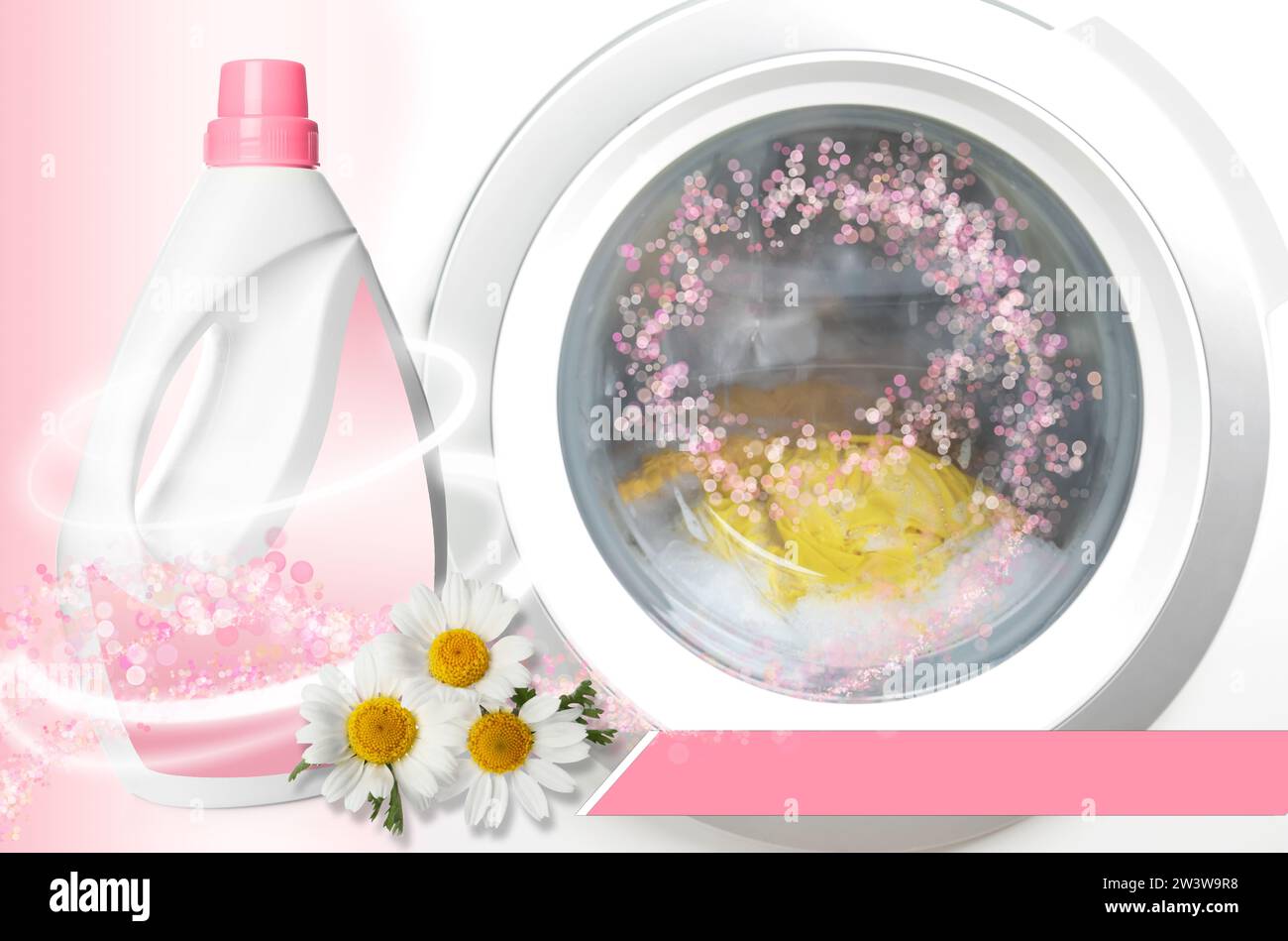 Fabric softener advertising design. Bottle of conditioner, daisy ...