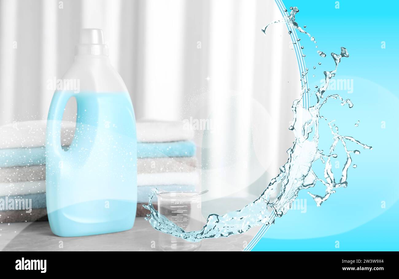 Fabric softener advertising design. Bottle of conditioner, soft clean ...