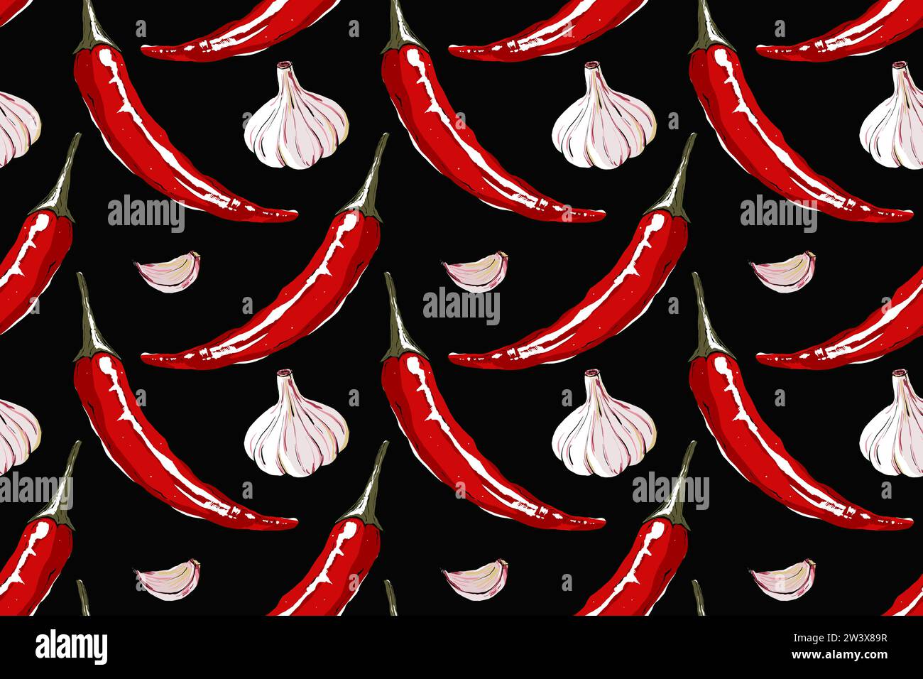 Food seamless pattern with aromatic red hot peppers and garlic ...