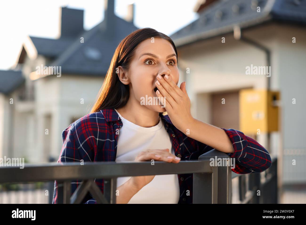 Concept Of Private Life Curious Young Woman Spying On Neighbours Over