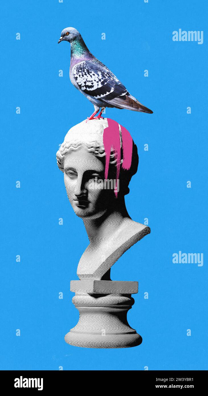 Contemporary art collage. One pigeon sitting on antique statue in black ...