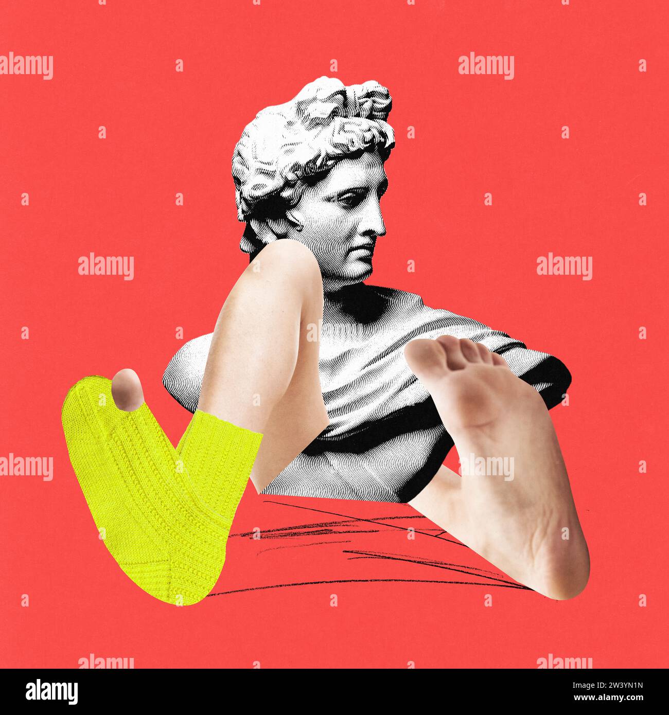 Contemporary art collage. Antique bust of Greek statue with legs and ...