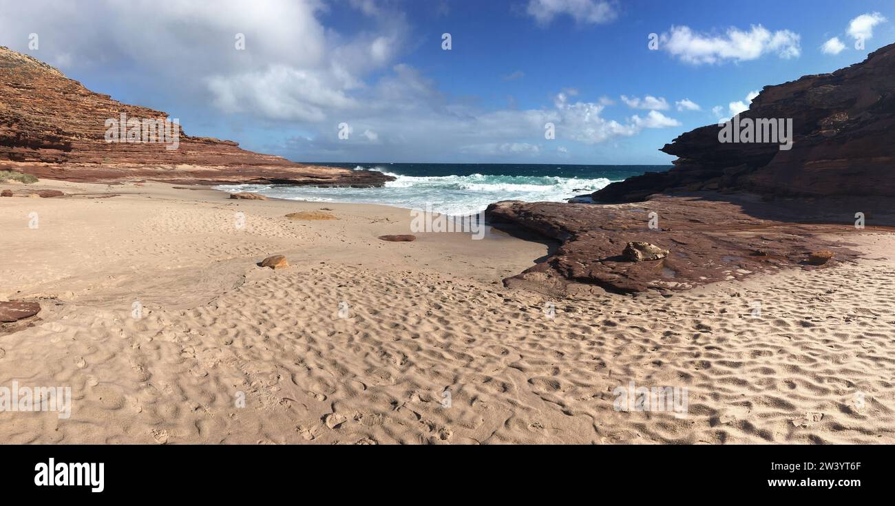 Panorama of beautiful sandy beach at Pot Alley in Kalbarri National ...