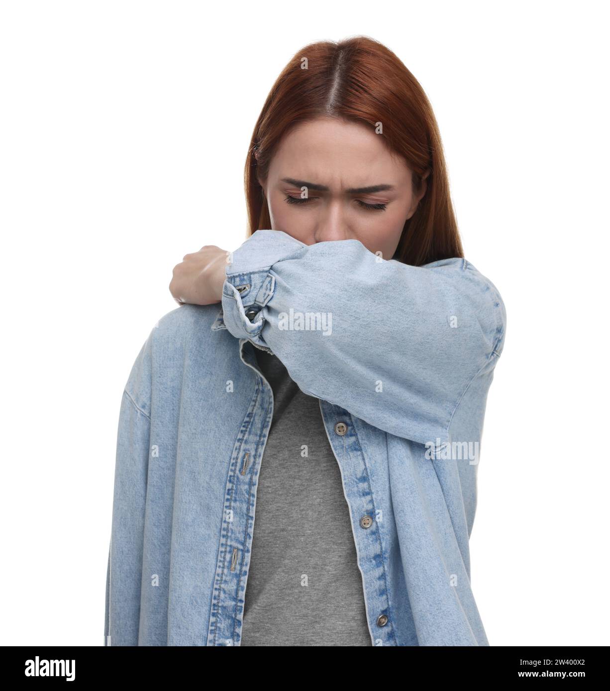 Woman coughing on white background. Cold symptoms Stock Photo - Alamy