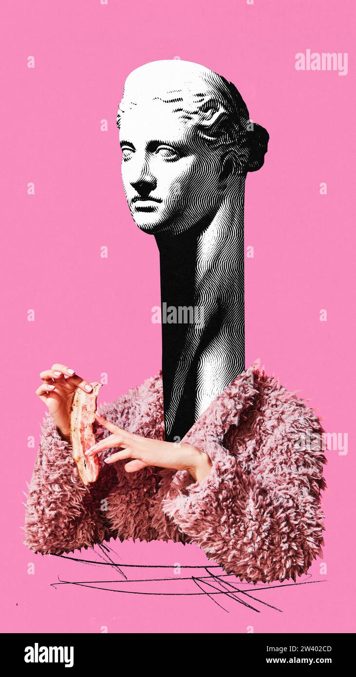 Contemporary art collage. Antique Greek monument with long neck in ...