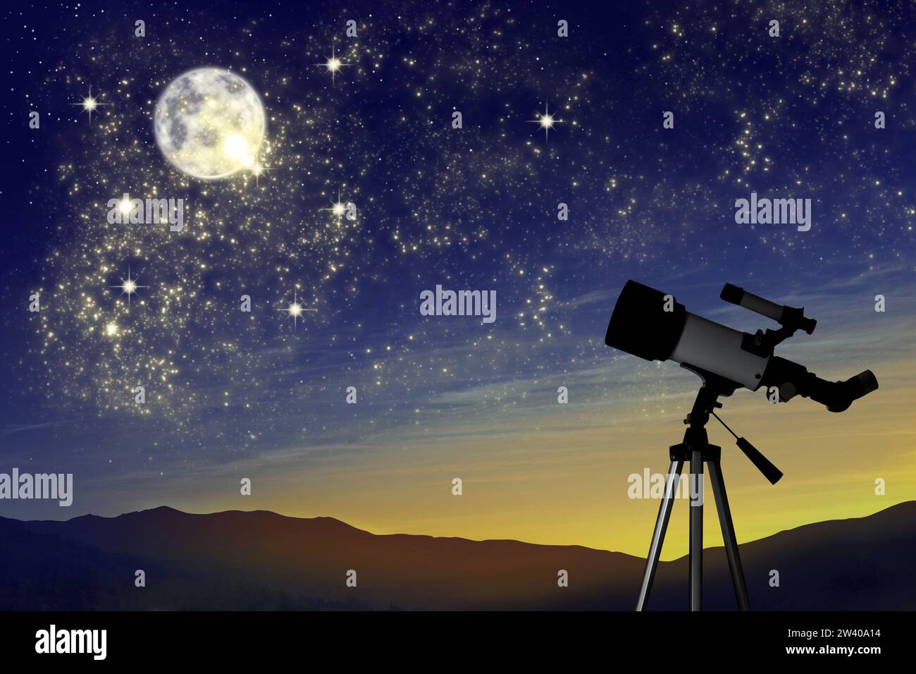 Astronomy. Viewing beautiful starry sky with full moon through ...