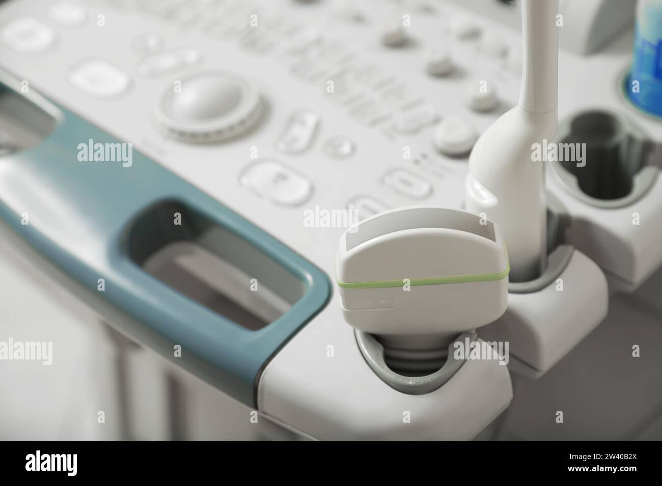Ultrasound control panel with ultrasonic transducers indoors, closeup ...