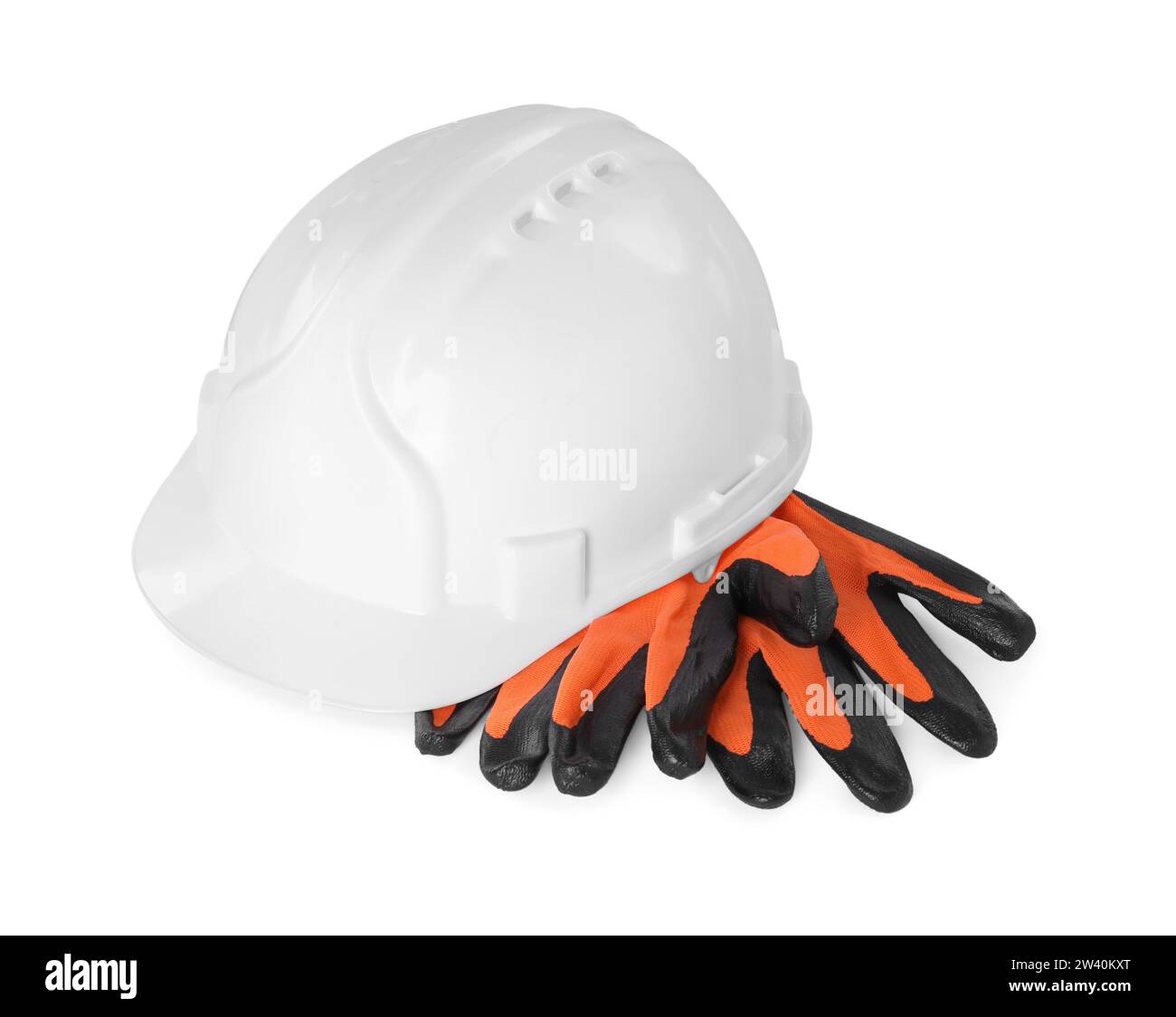 Hard hat and gloves isolated on white. Safety equipment Stock Photo - Alamy