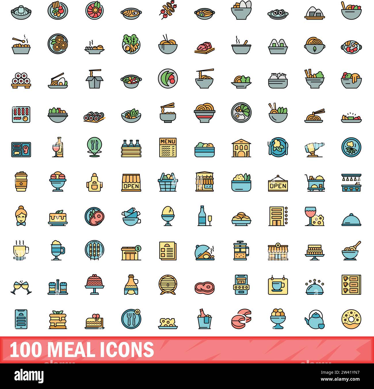 100 meal icons set. Color line set of meal vector icons thin line color ...