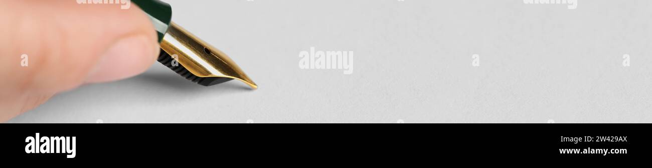 Woman writing with fountain pen, closeup. Banner design with space for ...