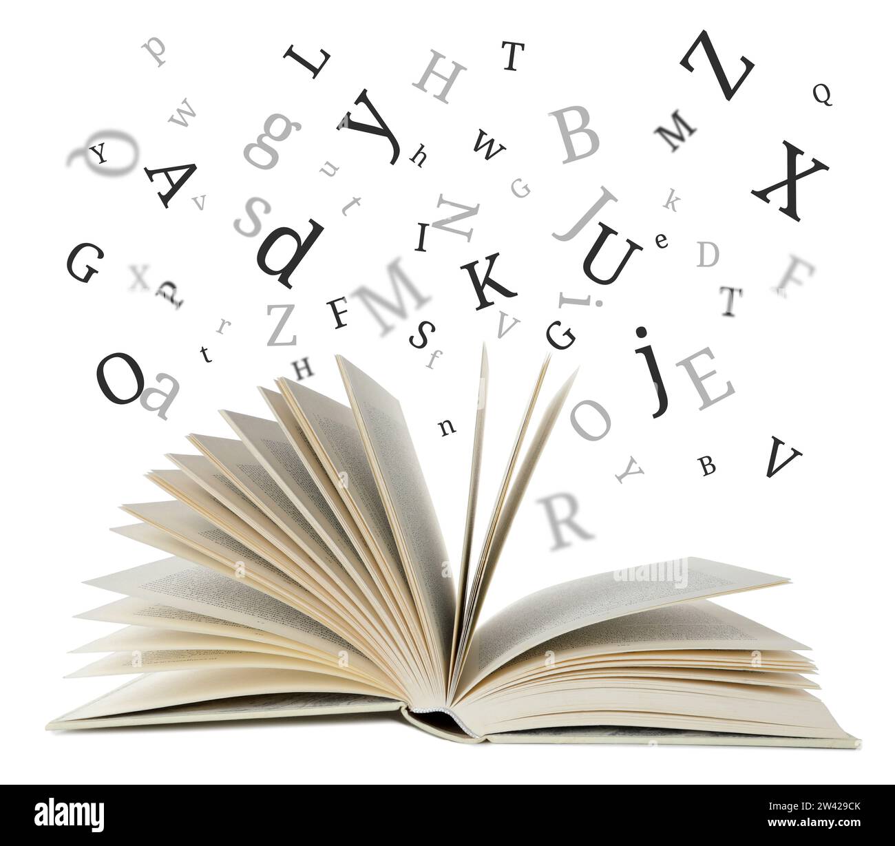 Open book with letters flying out of it on white background Stock Photo - Alamy