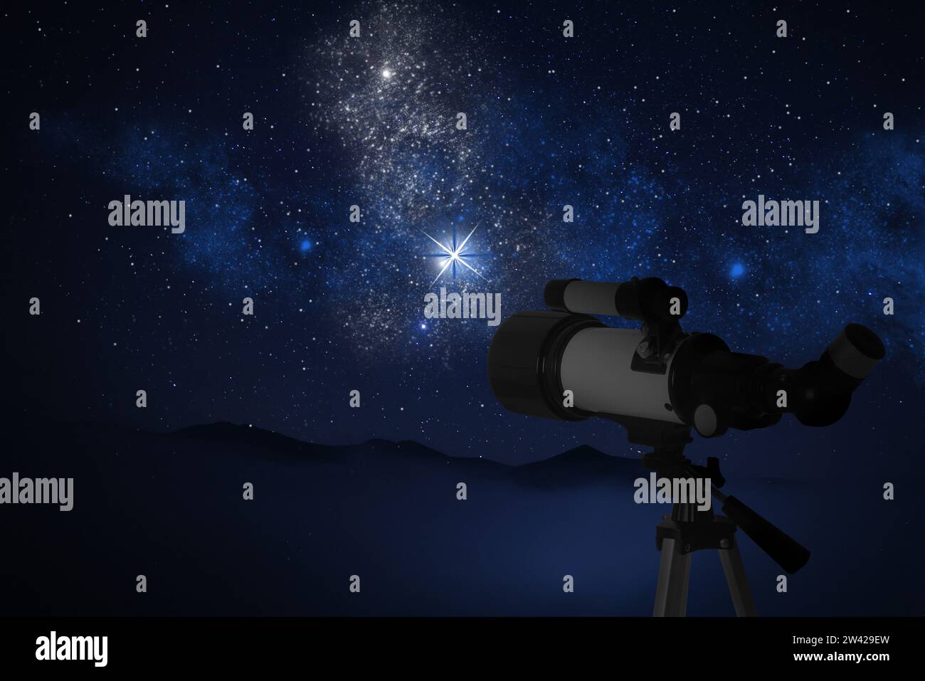 Astronomy. Viewing beautiful starry sky through telescope at night ...