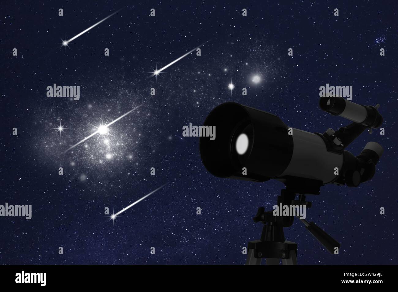 Astronomy. Viewing beautiful starry sky through telescope at night ...