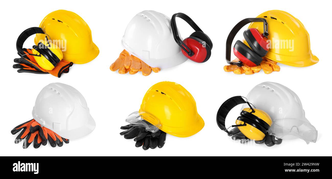 Safety equipment, collection. Hard hats, gloves, protective headphones and goggles isolated on ...