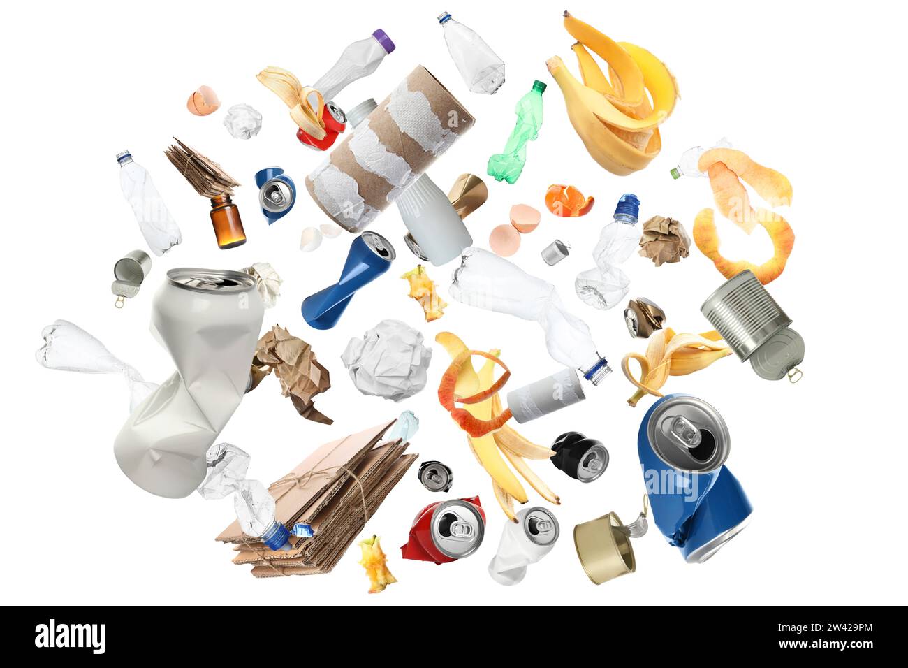 Lots of different garbage flying on white background Stock Photo - Alamy