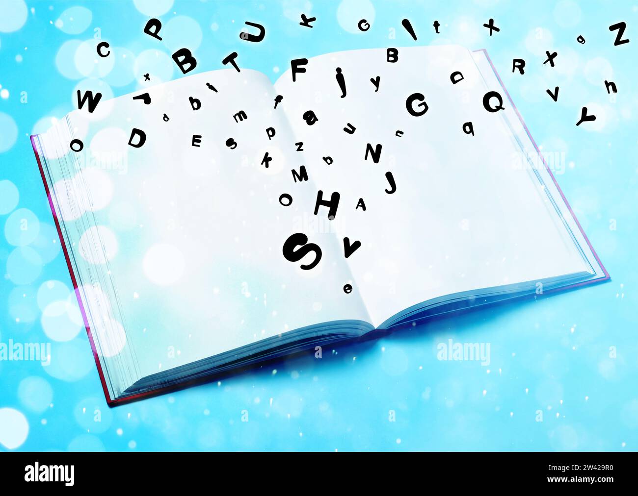 Letters flying out from open book on light blue background, above view. Bokeh effect Stock Photo ...