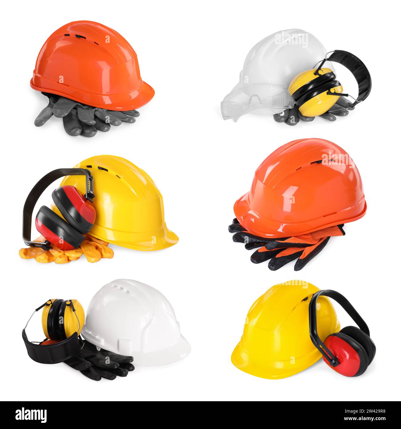 Safety equipment, collection. Hard hats, gloves, protective headphones and goggles isolated on ...