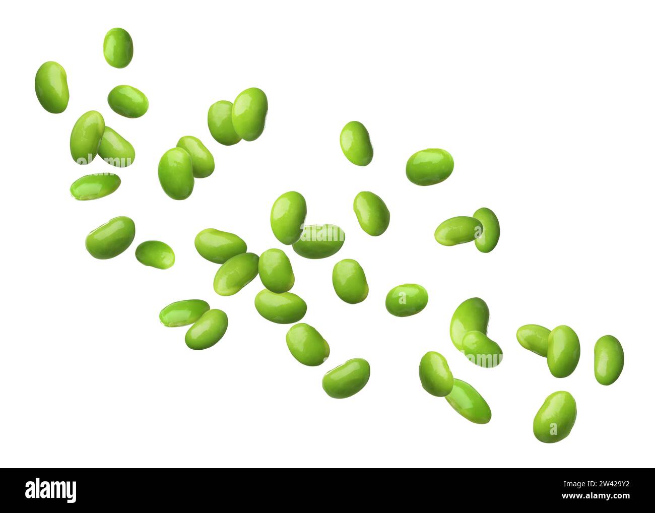 Delicious edamame soybeans flying on white background Stock Photo - Alamy