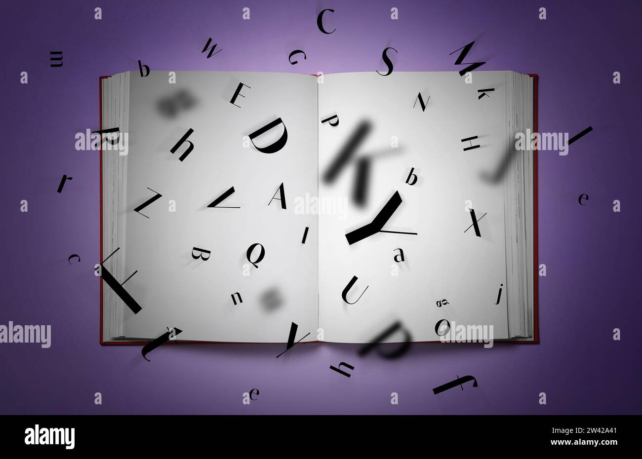 Letters flying out of open book on purple background, top view Stock ...