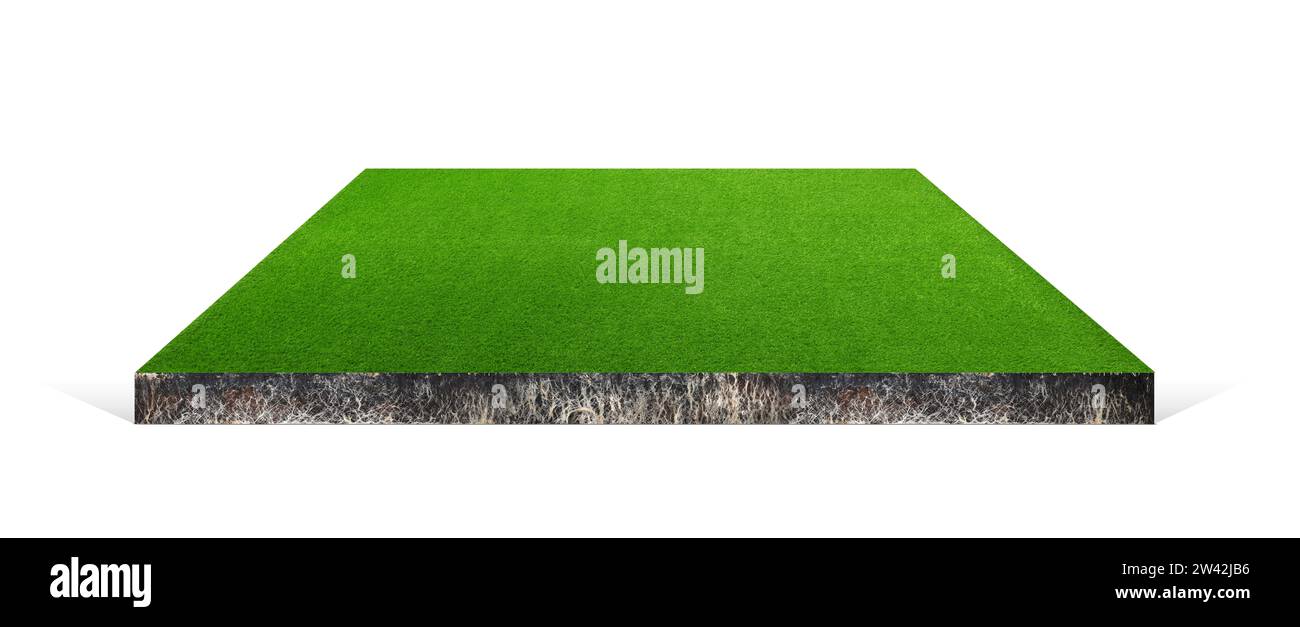 Green grass with soil. Land piece in shape of square isolated on white ...