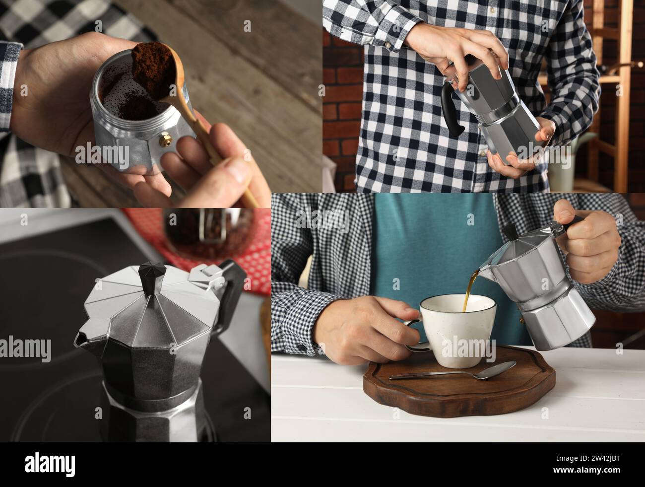 Making coffee with moka pot step-by-step. Collage with photos Stock ...