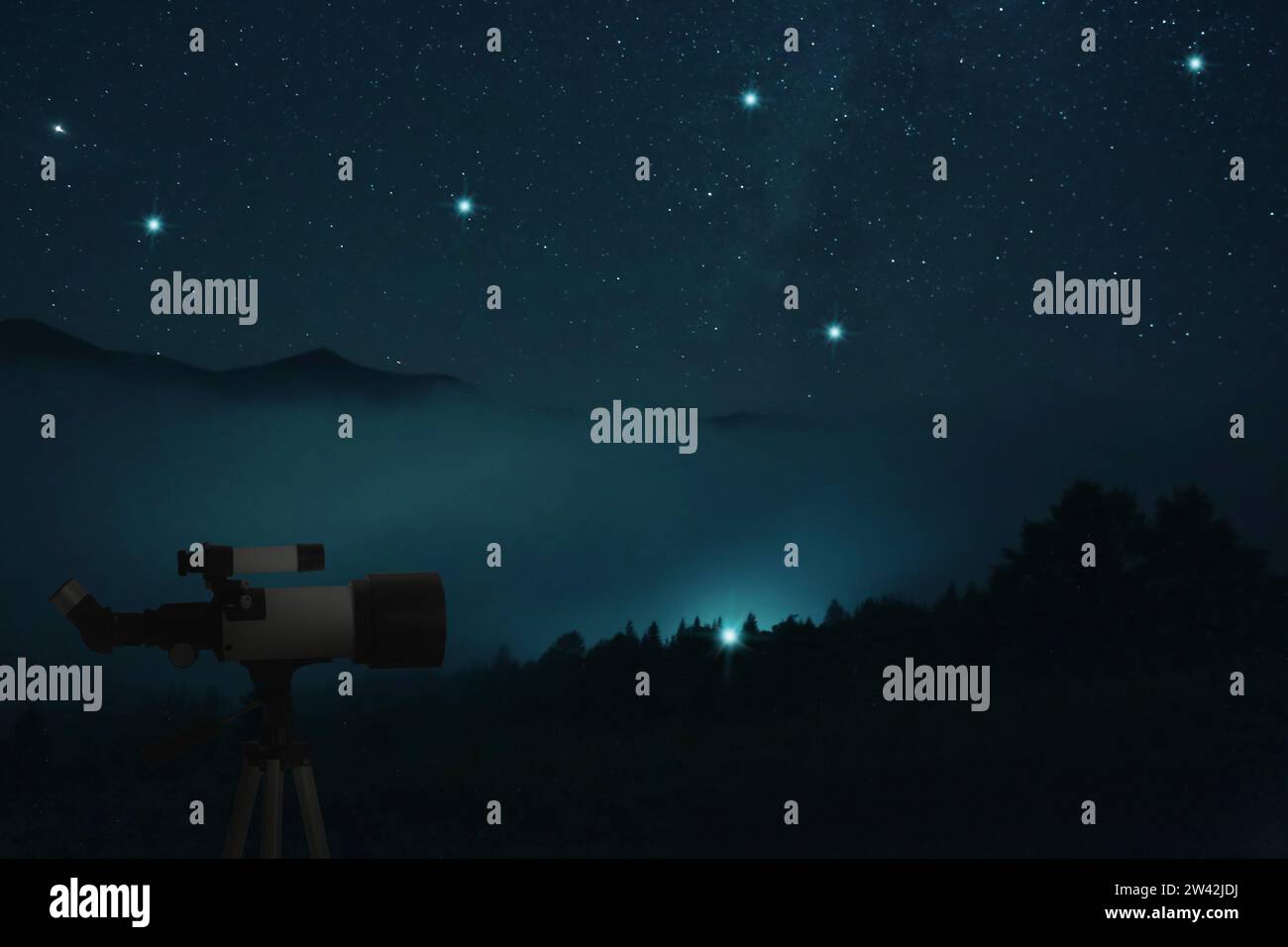 Astronomy. Viewing beautiful starry sky through telescope at night ...