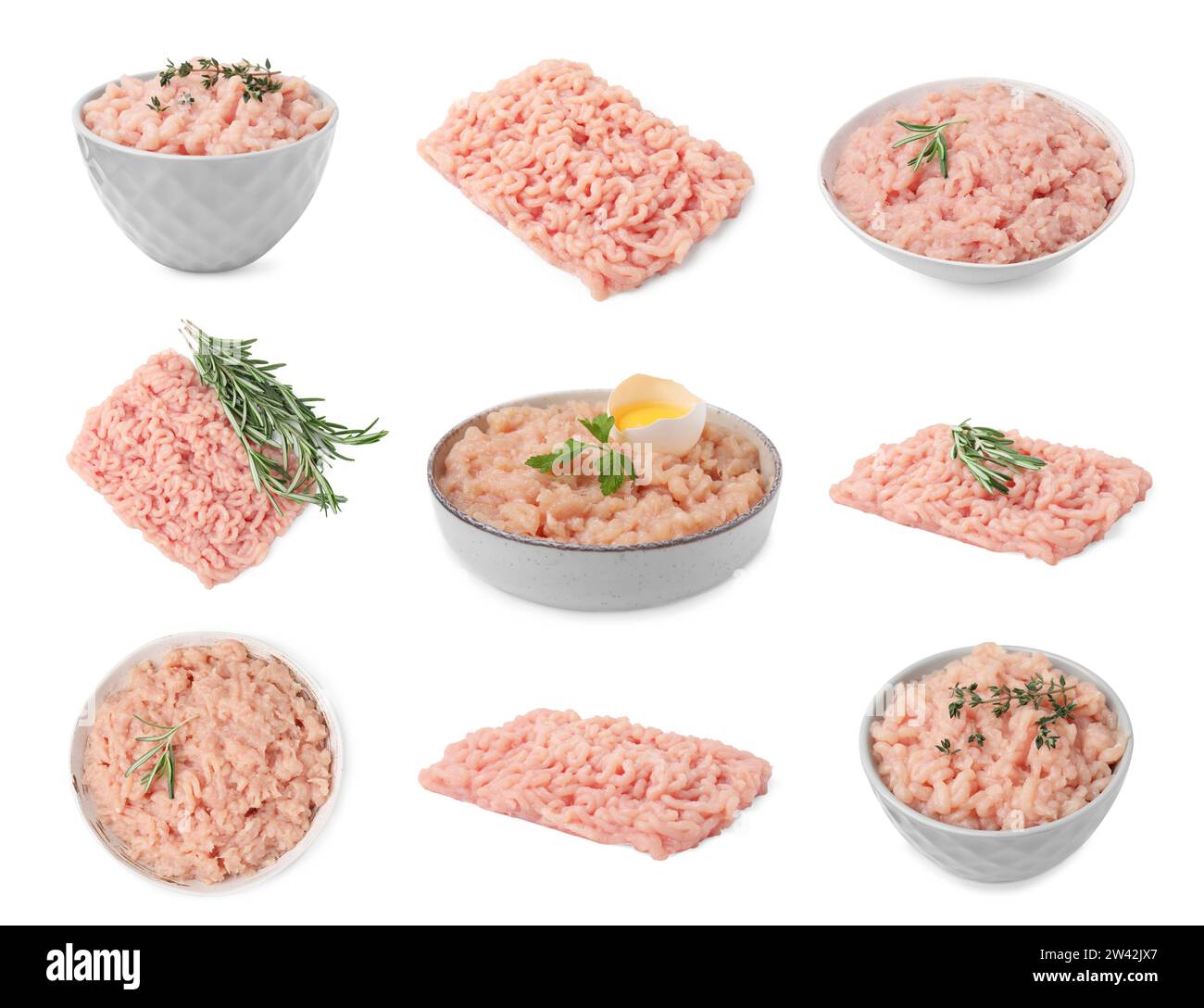 Fresh ground meat on white background, set Stock Photo - Alamy