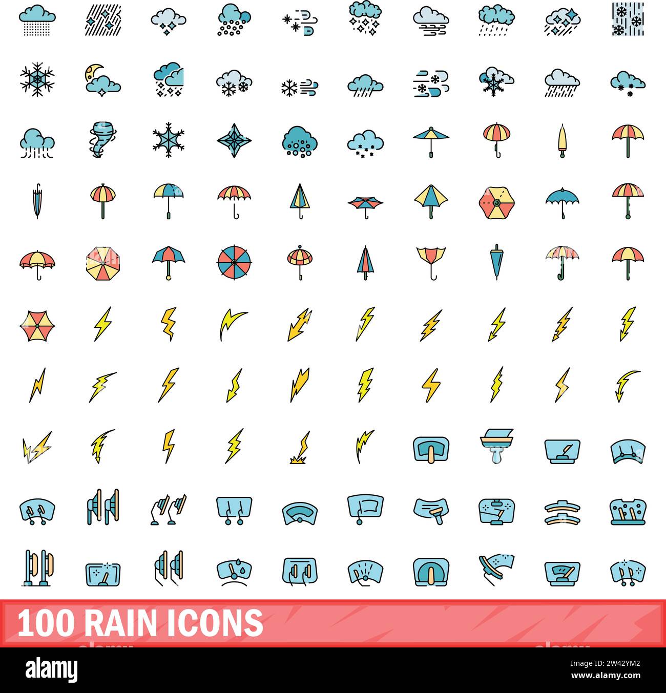 100 rain icons set. Color line set of rain vector icons thin line color ...