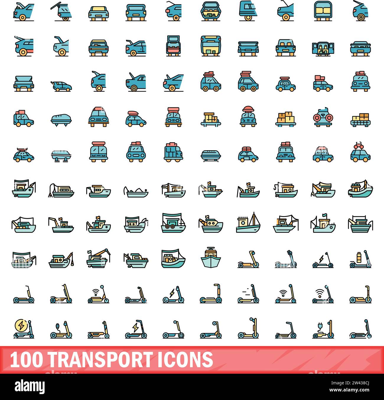 100 transport icons set. Color line set of transport vector icons thin ...