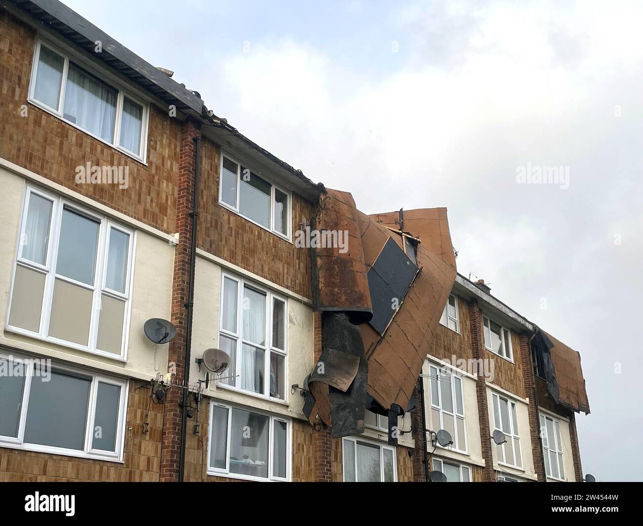 Damage to the roof of a block of flats in Lowedges, Sheffield during ...