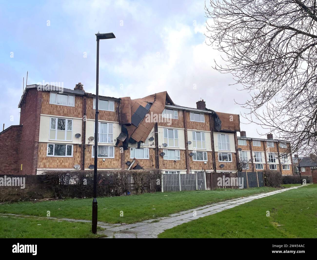 Damage to the roof of a block of flats in Lowedges, Sheffield during ...