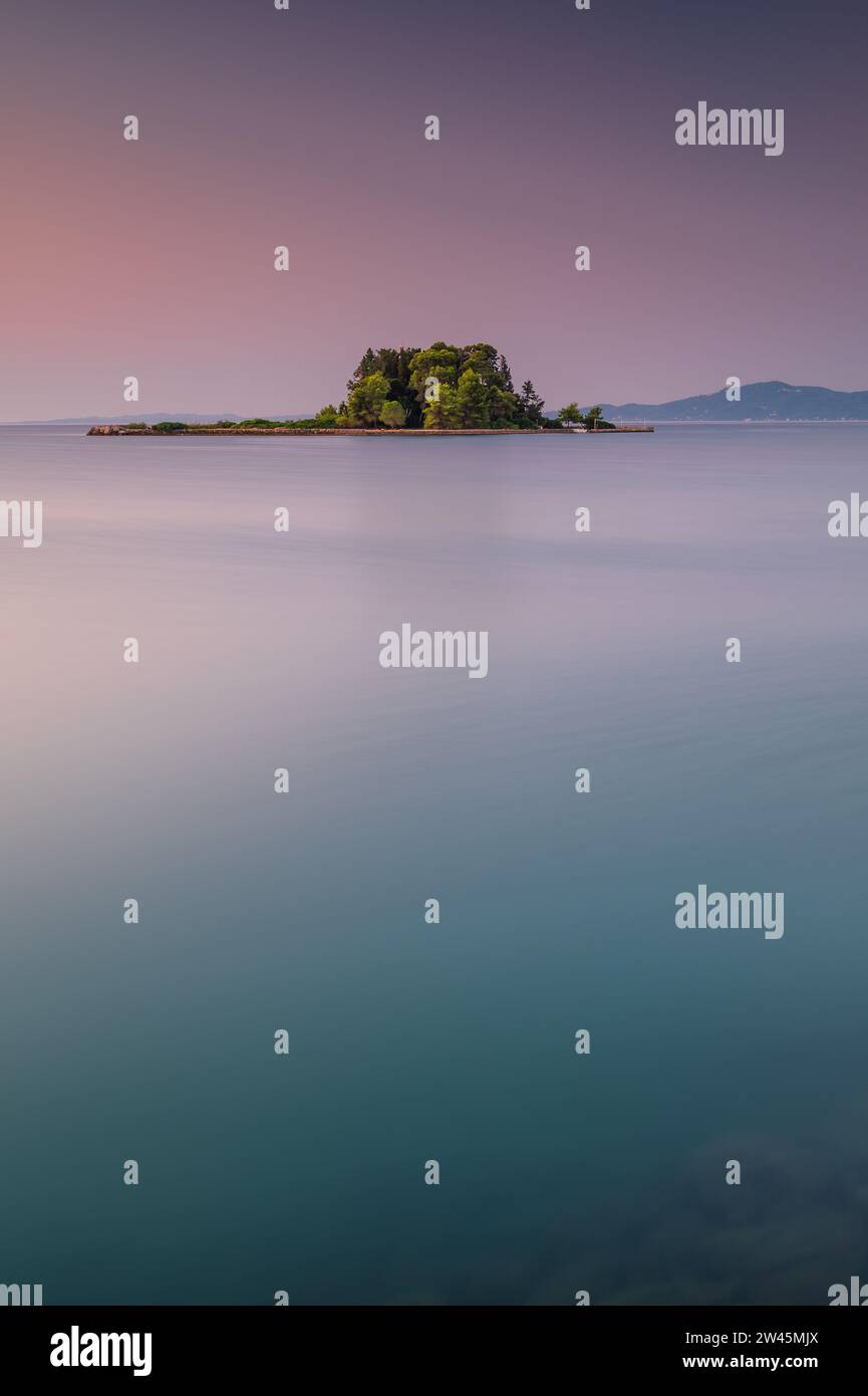 Portrait view of Mouse Island, Corfu, Greece, at sunrise. Showing the ...
