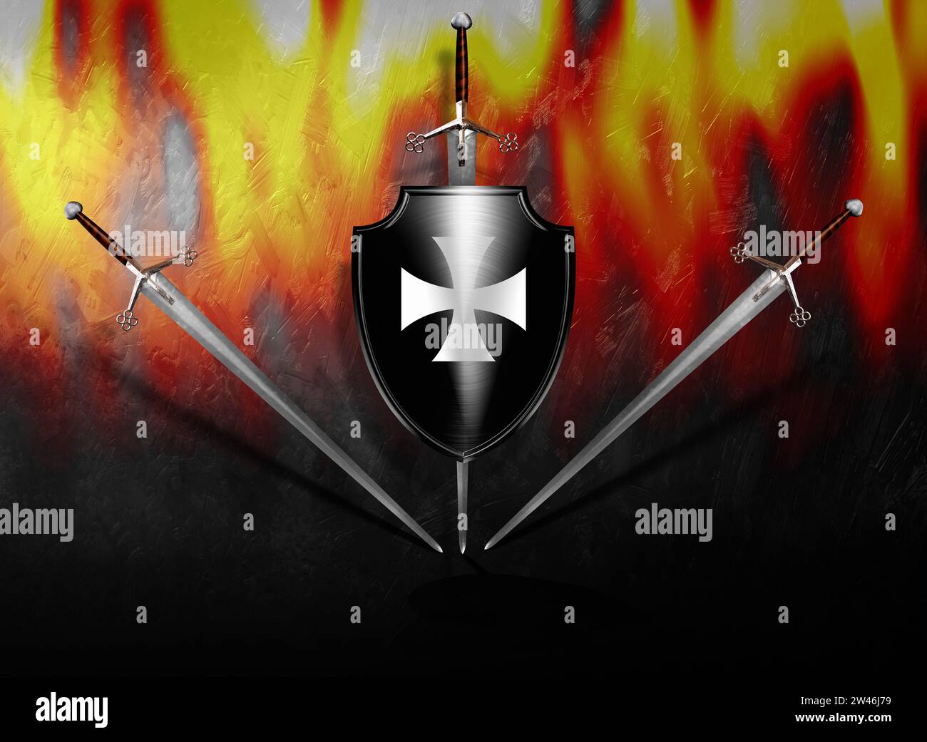 background with shield and three fire swords in the background Stock ...
