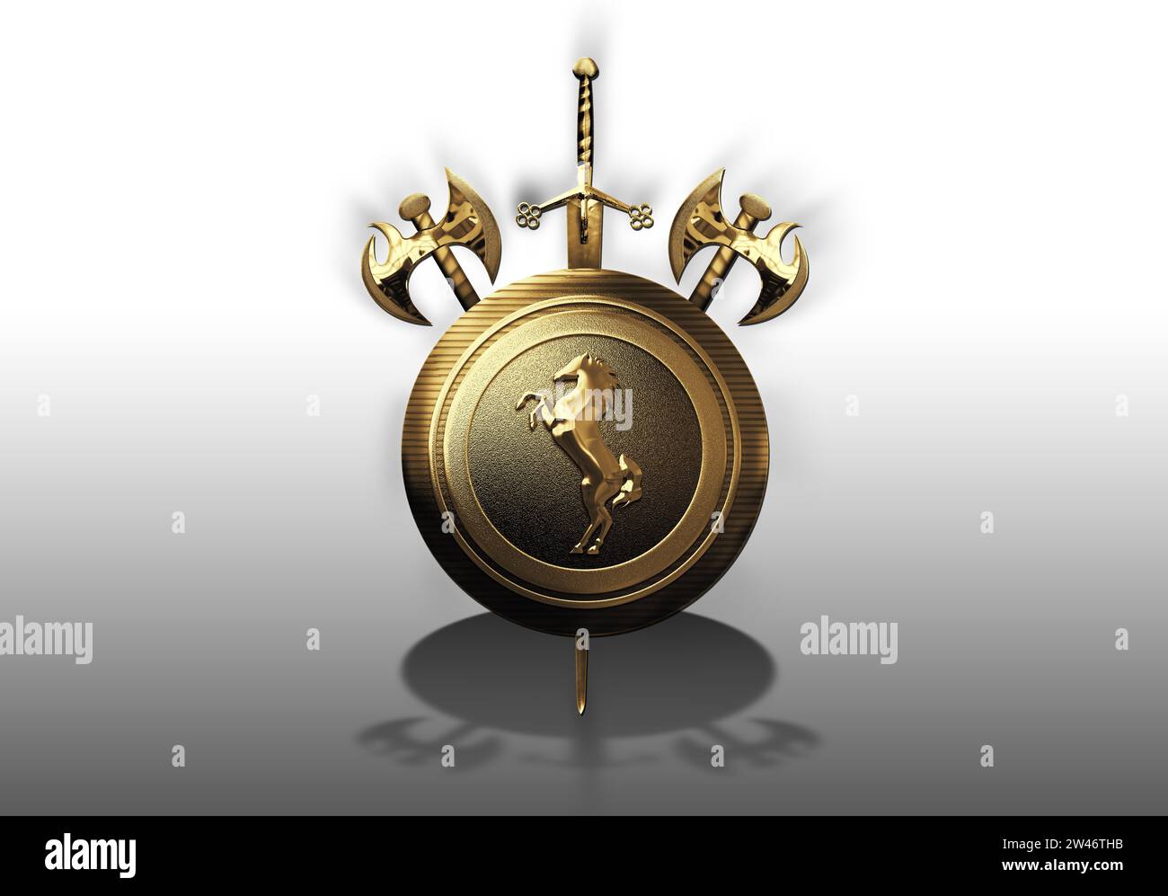 round shield with medieval horse emblem, sword and golden axes Stock ...