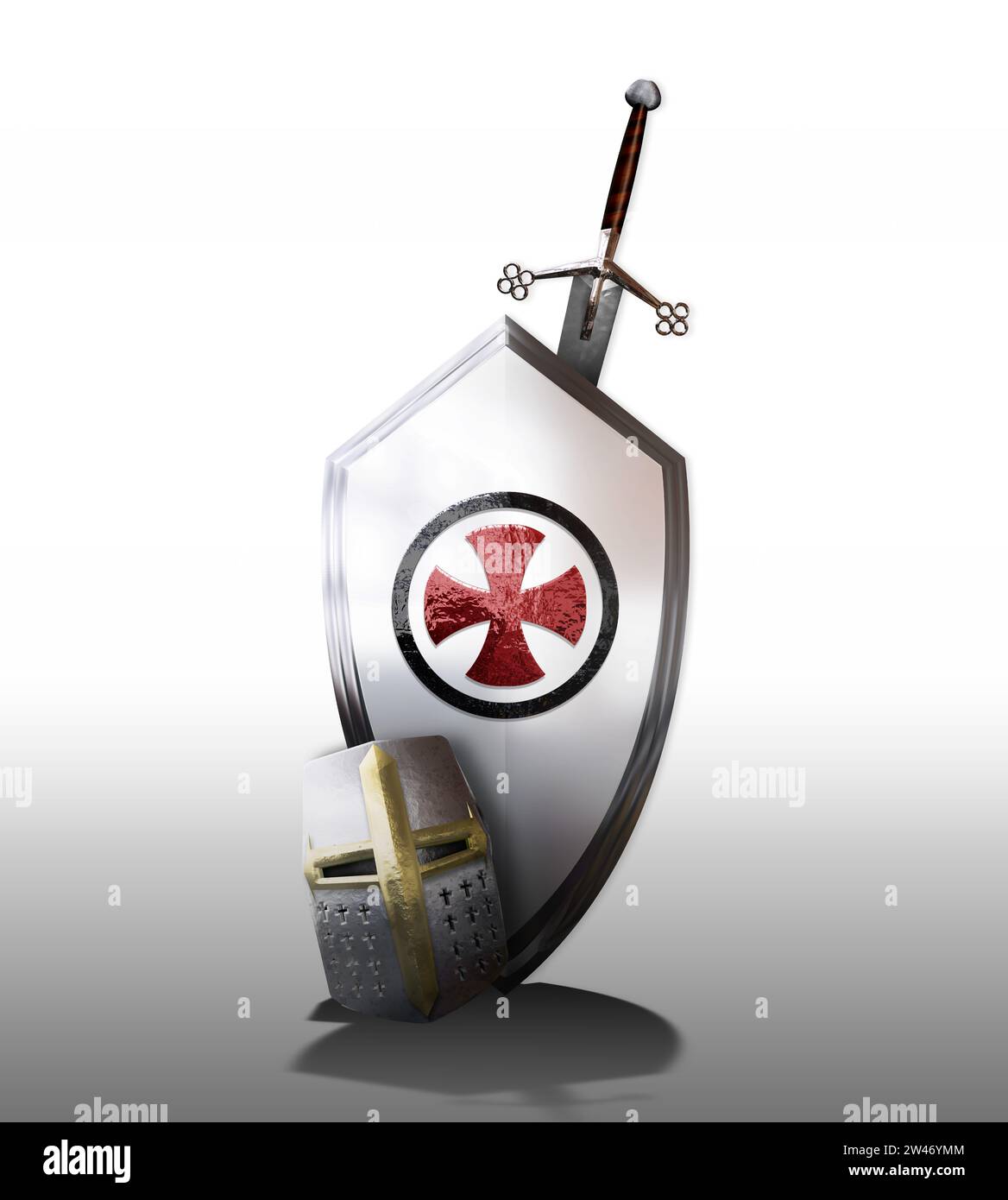 shield with red cross and great sword and Templar knight helmet Stock ...