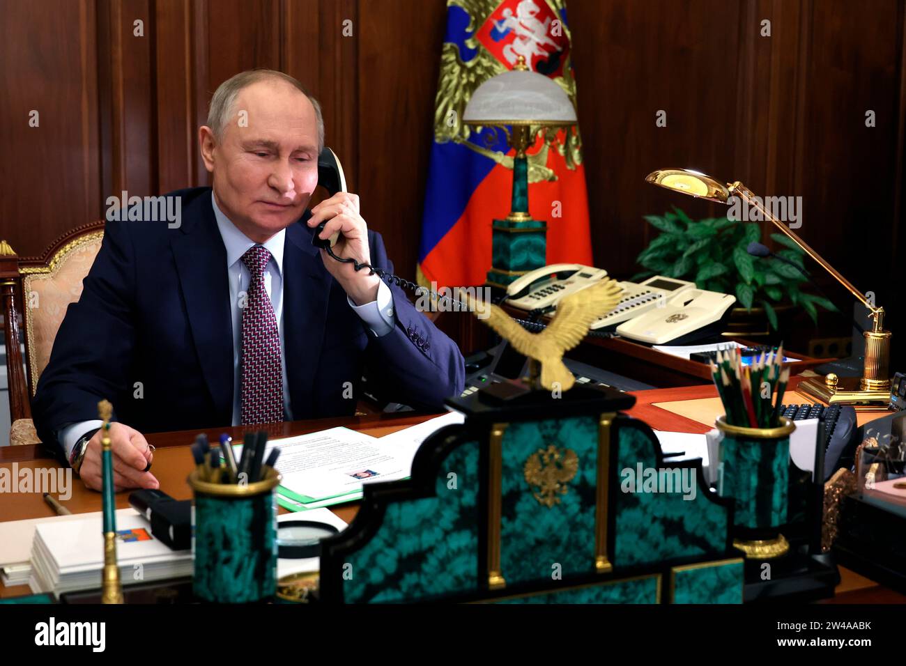 Russian President Vladimir Putin has a phone call in Moscow, Russia ...