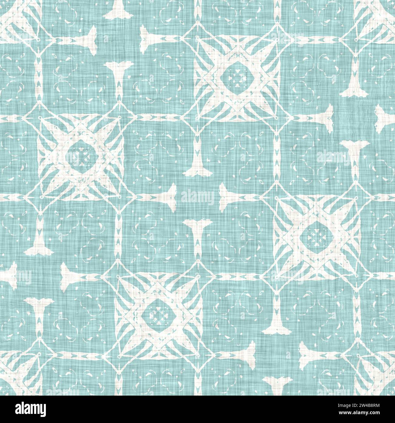 Teal aqua white vibrant watercolor batik azulejos tile background. Seamless coastal blur linen ...