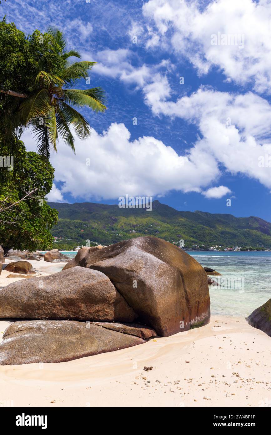 Vertical landscape photo of Beau Vallon beach, Seychelles. Coastal view ...