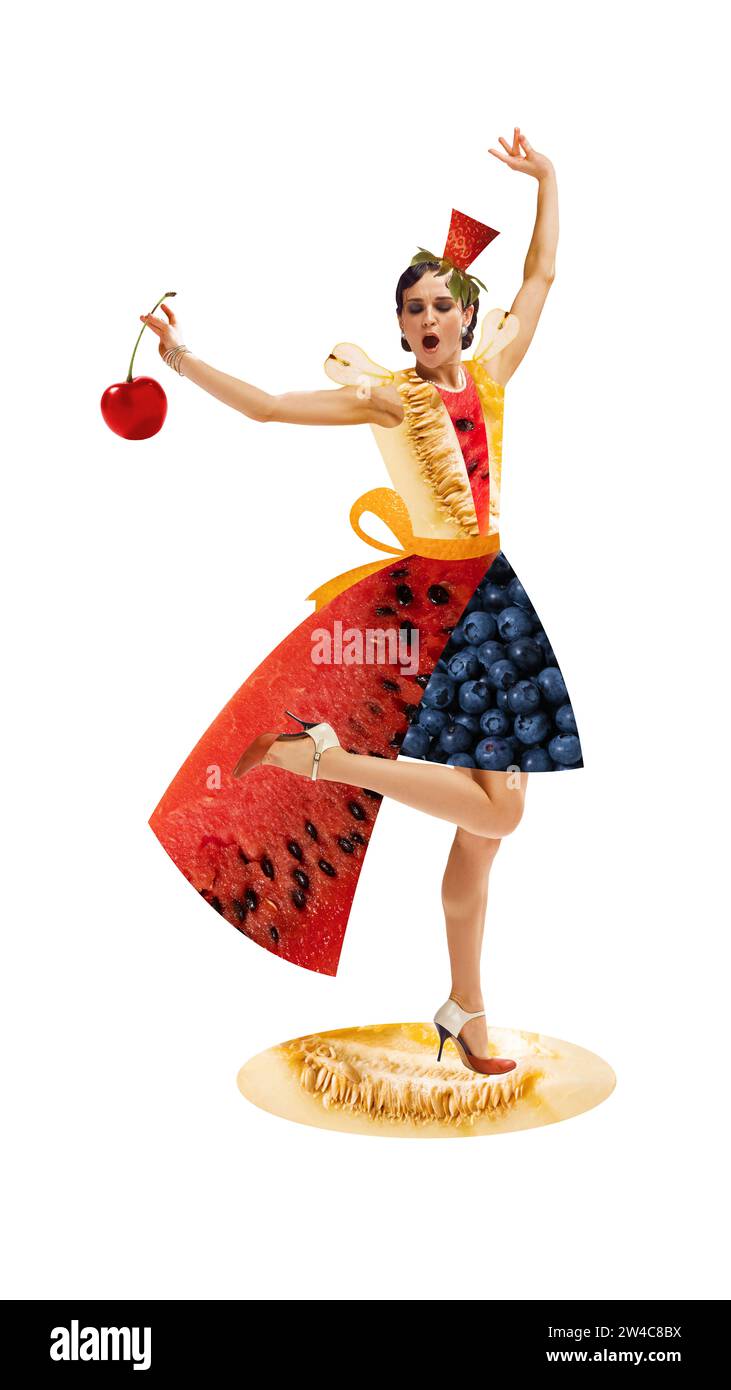 Contemporary art collage. Young attractive lady dancing dressed in ...