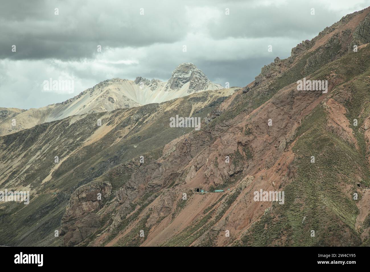 View from the Ticlio Pass in west direction, route of the train line ...