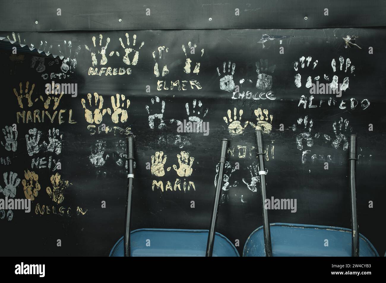 Miners' handprints in the tool store of the mining company Ecosem ...