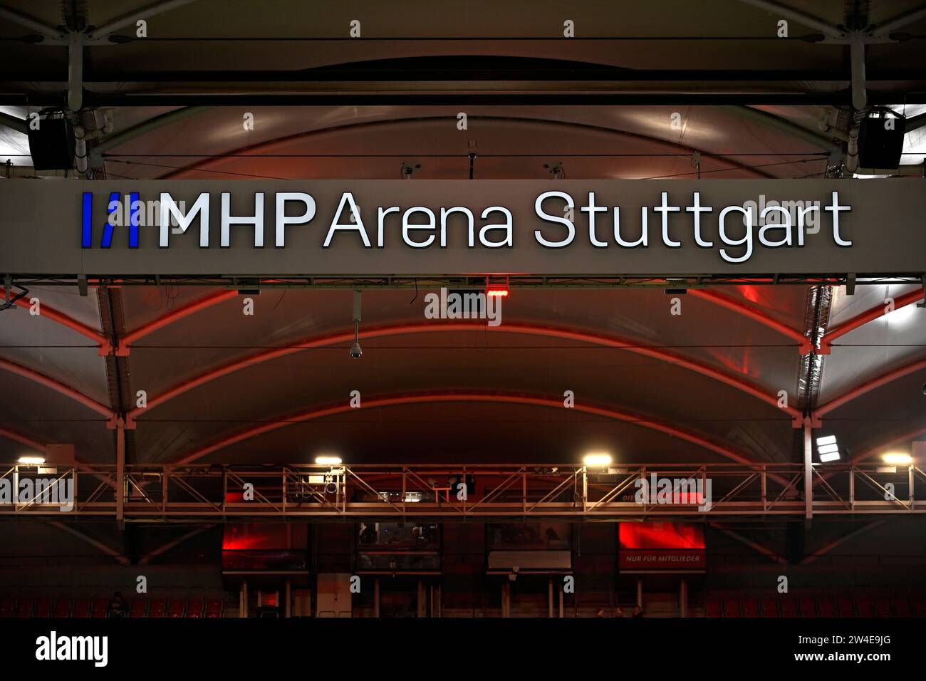 Stuttgart, Deutschland. 20th Dec, 2023. Schriftzug MHPArena Stuttgart MHP Arena Logo VfB ...