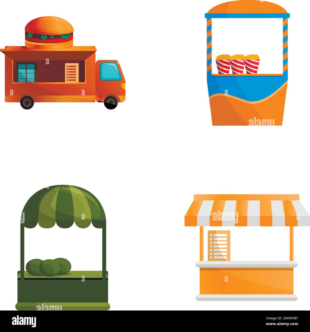 Food festival icons set cartoon vector. Grocery kiosk and food truck ...