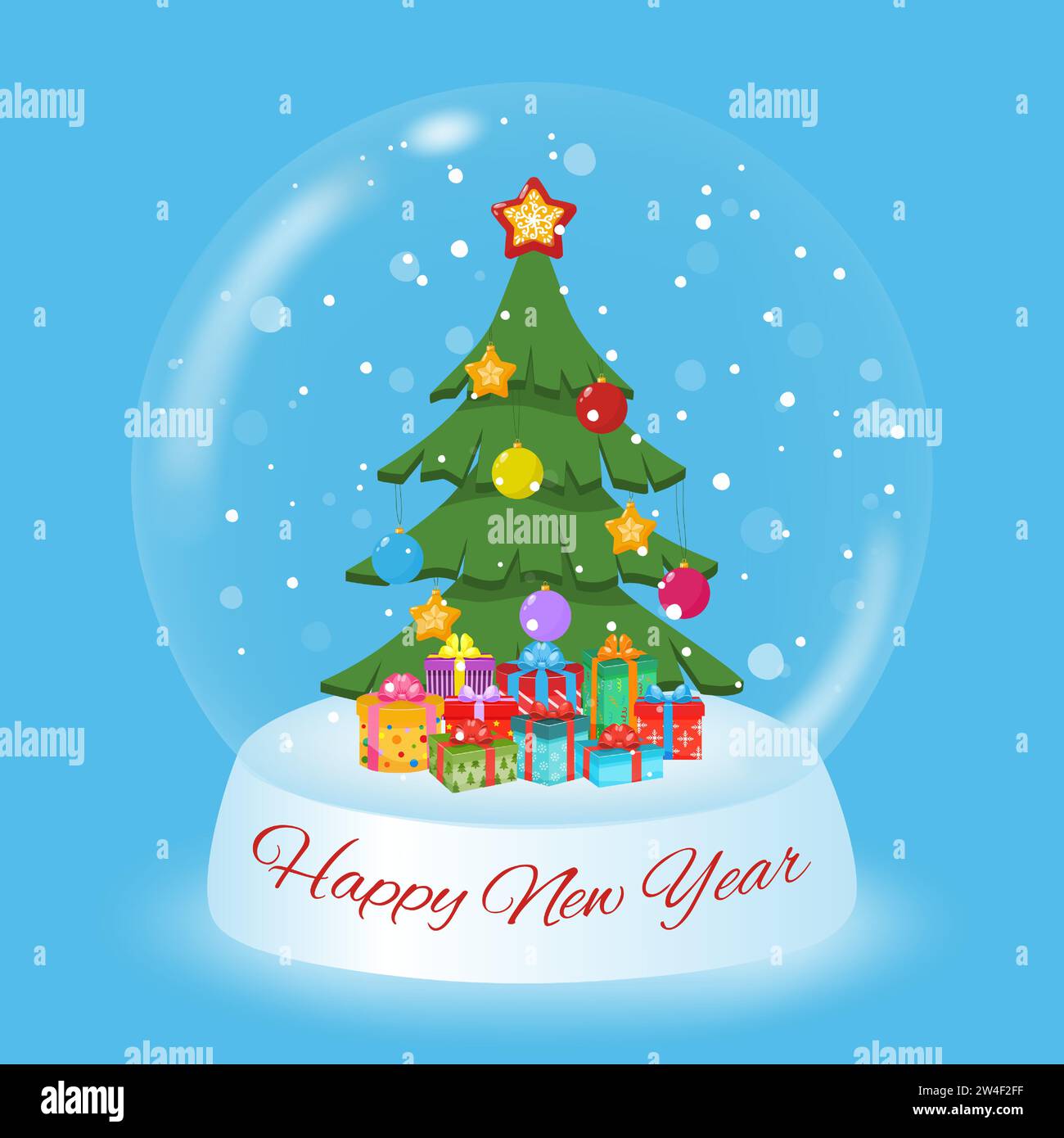 Greeting card with snow globe with Christmas tree with ornaments, gift ...
