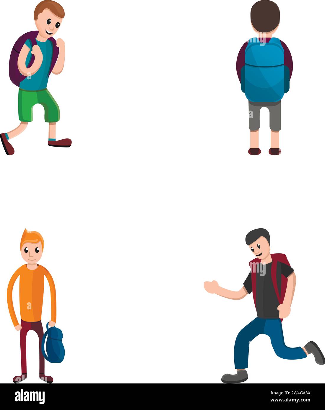 Hiking icons set cartoon vector. Male character with backpack. Tourism ...